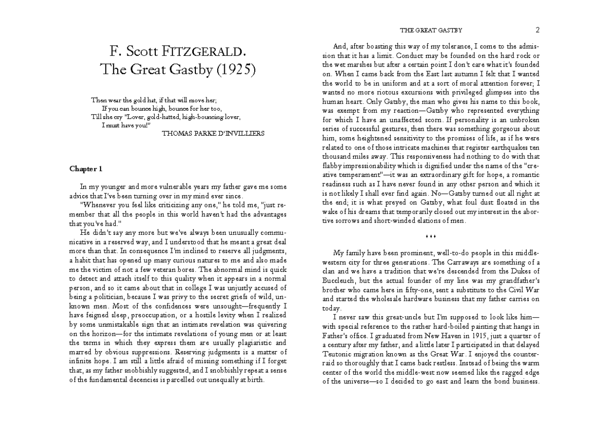 Fitzgerald's The Great Gatsby: Chapter 1 Insights and Analysis - Studocu