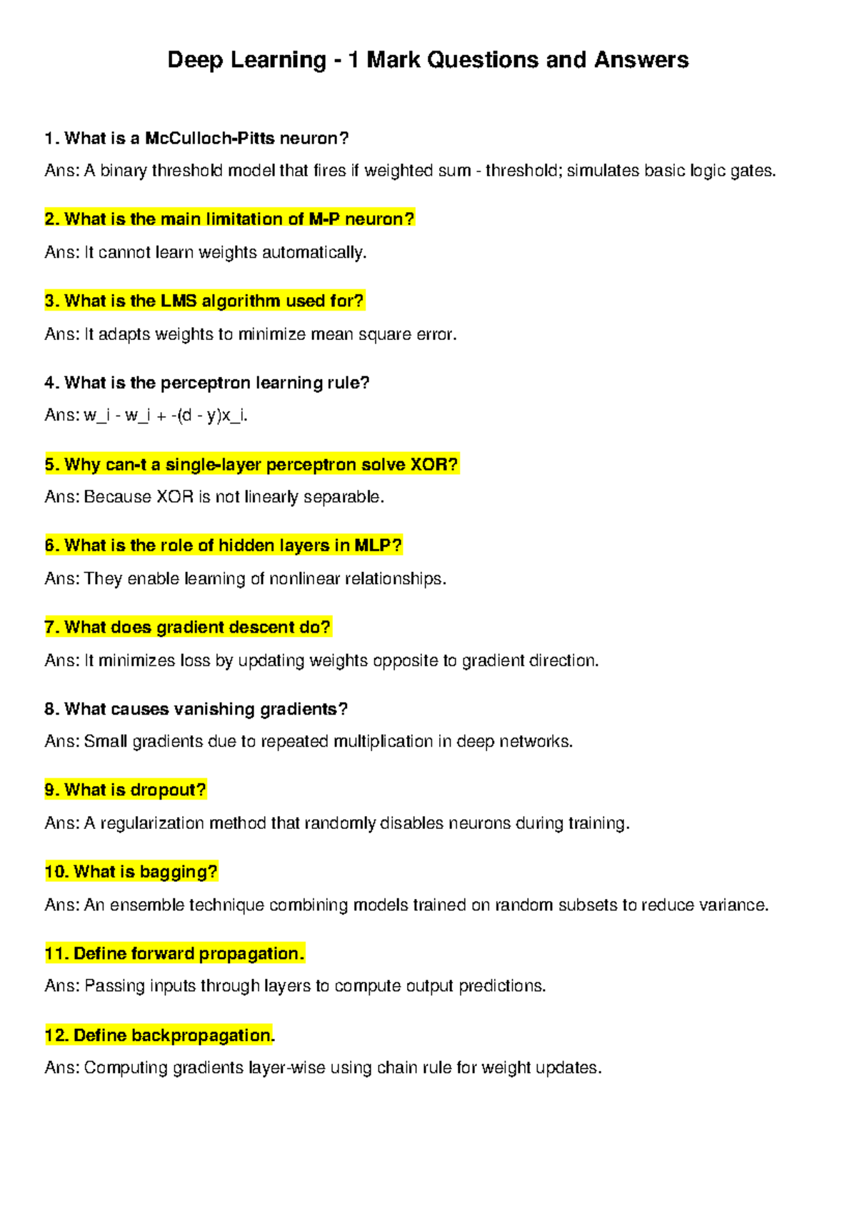 Deep Learning (DL) 1 Mark Questions & Answers - Study Notes - Studocu