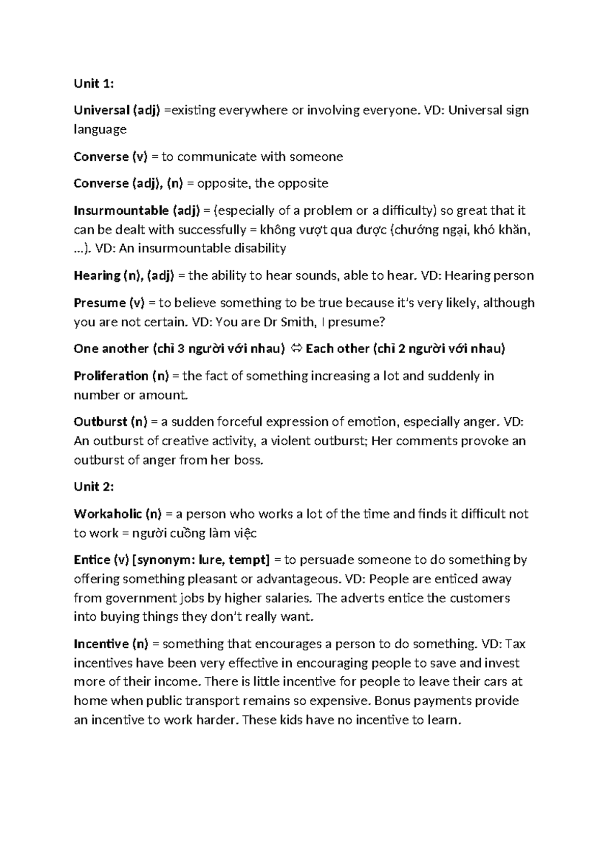 Advanced Course R&W Vocabulary Review: Units 1 & 2 - Studocu