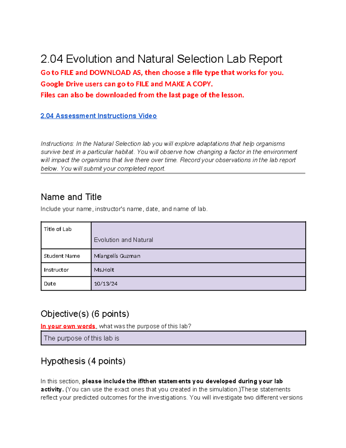 Lab Report: 2.04 Evolution & Natural Selection - FVMS - Studocu