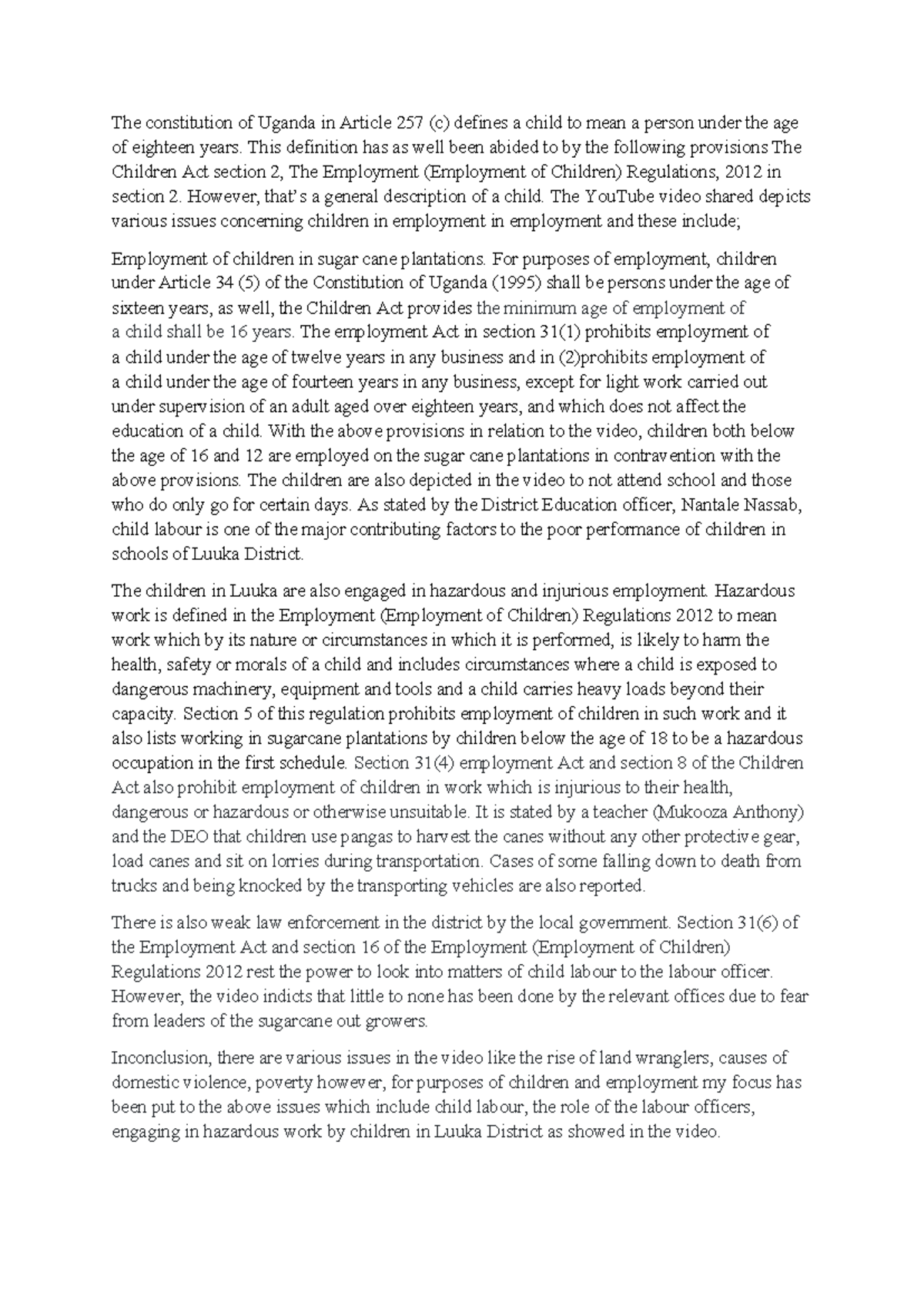 Luuka District Child Labour Analysis: A YouTube Video Review - Studocu