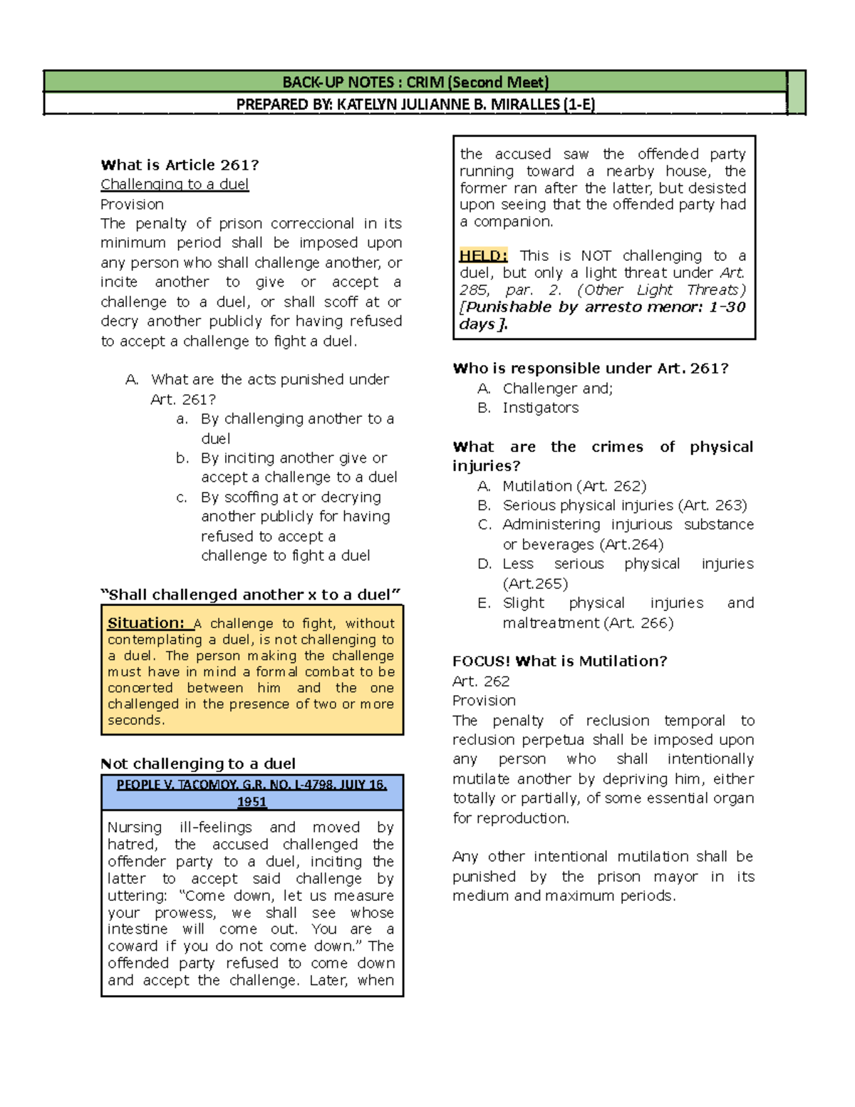CRIM 2 Lecture Notes: Article 261 & Serious Physical Injuries - Studocu
