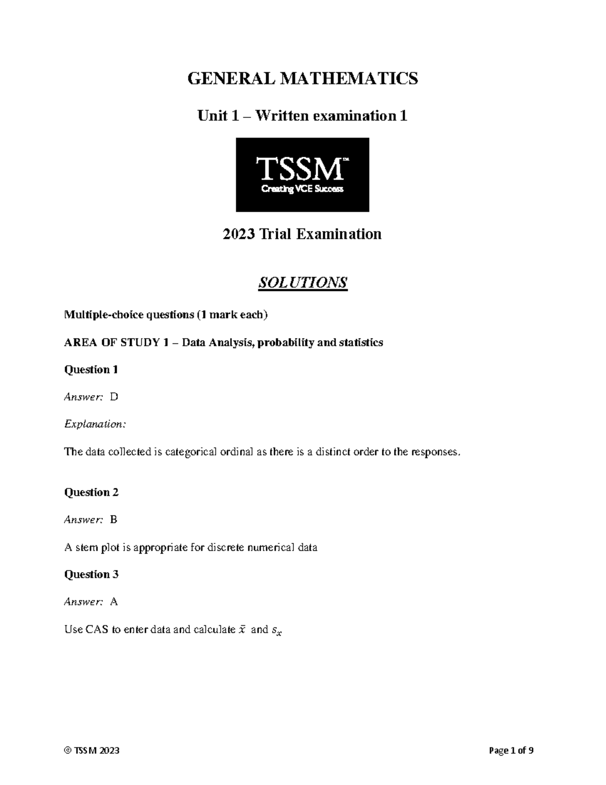 General Maths TSSM 2023 Unit 1 Trial Exam 1 Solutions - Studocu
