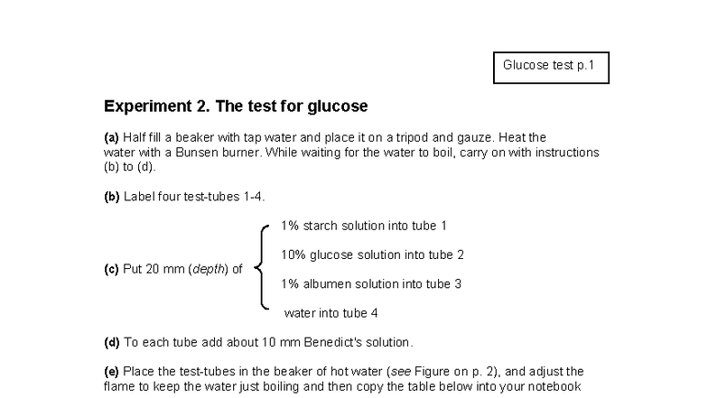 Test for Glucose Practical (Experiment 2) - Studocu