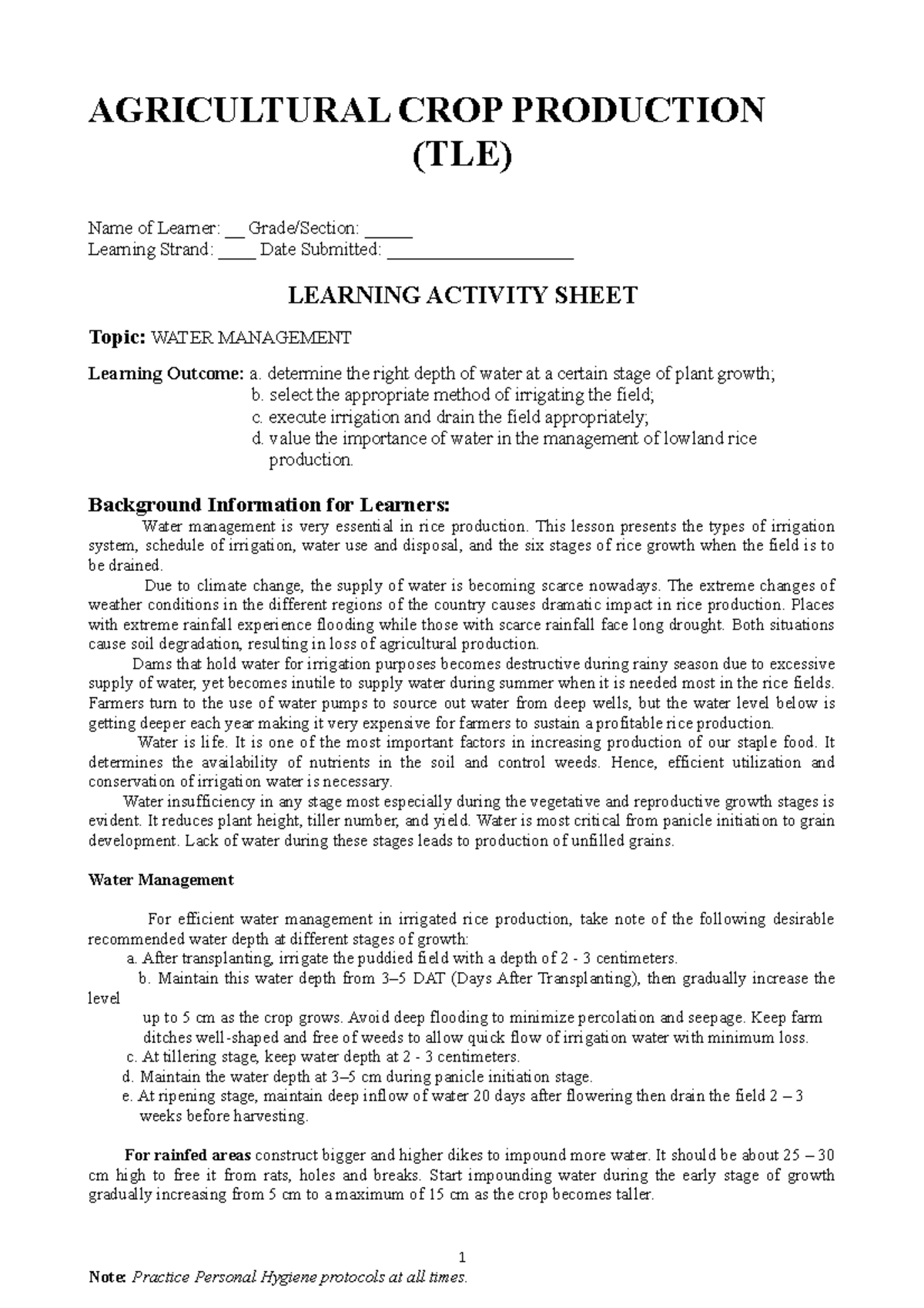 Agriculture 3rd quarter - AGRICULTURAL CROP PRODUCTION (TLE) Name of ...