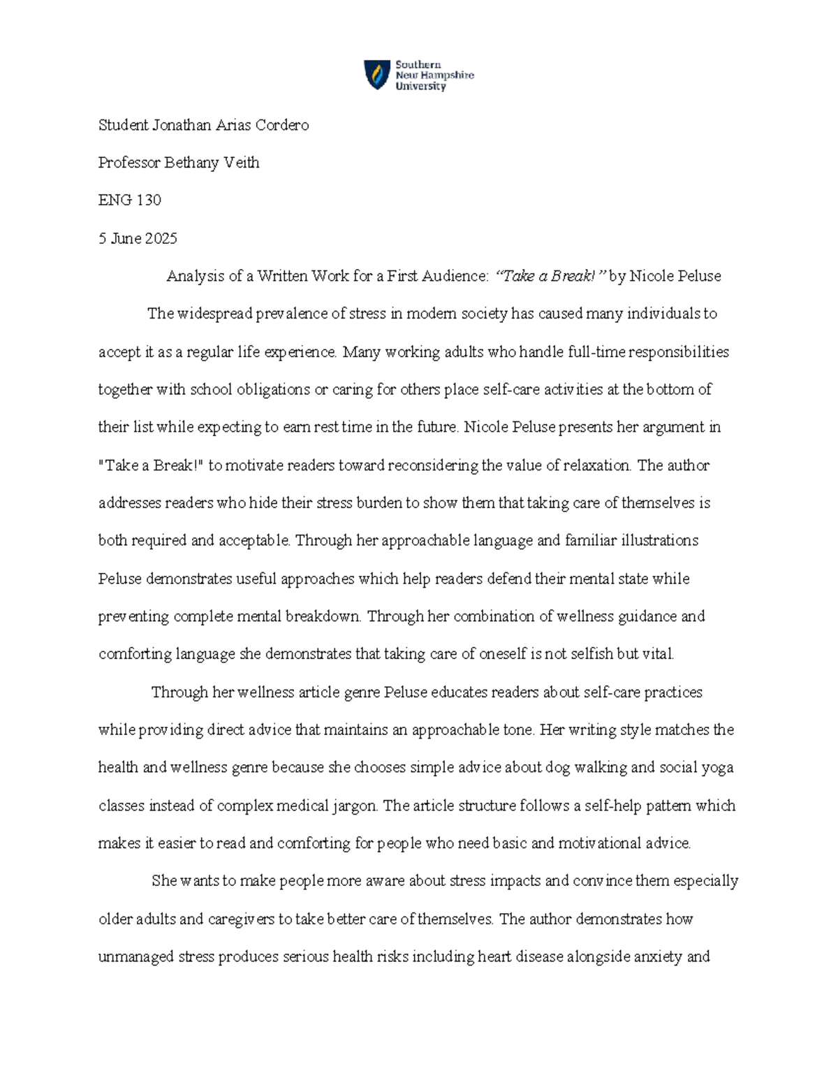 ENG 130 Final Exam Analysis of Nicole Peluse's Wellness Article - Studocu