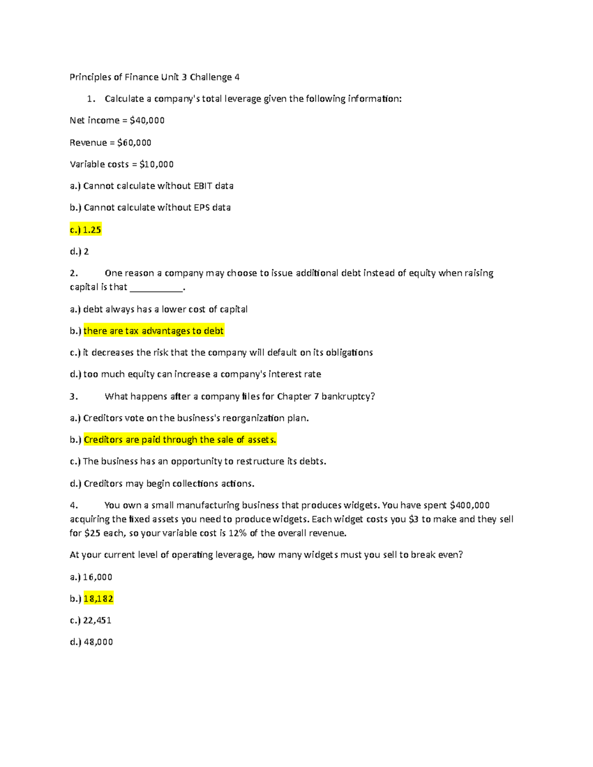 Principles of Finance Unit 3 Challenge 4 - Principles of Finance Unit 3 ...