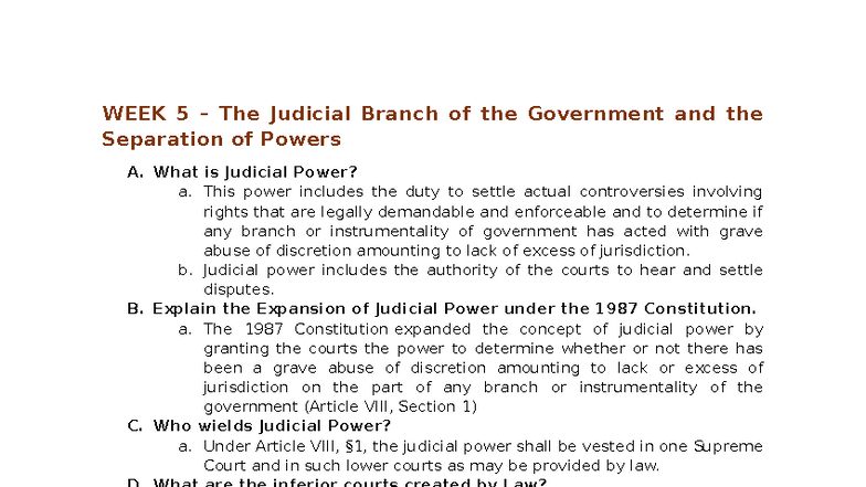 WEEK 5 - The Judicial Branch and Separation of Powers Overview - Studocu
