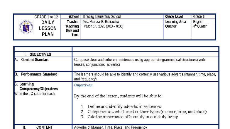 GRADE 6 ENGLISH LESSON PLAN: ADVERBS (4TH QUARTER) - Studocu