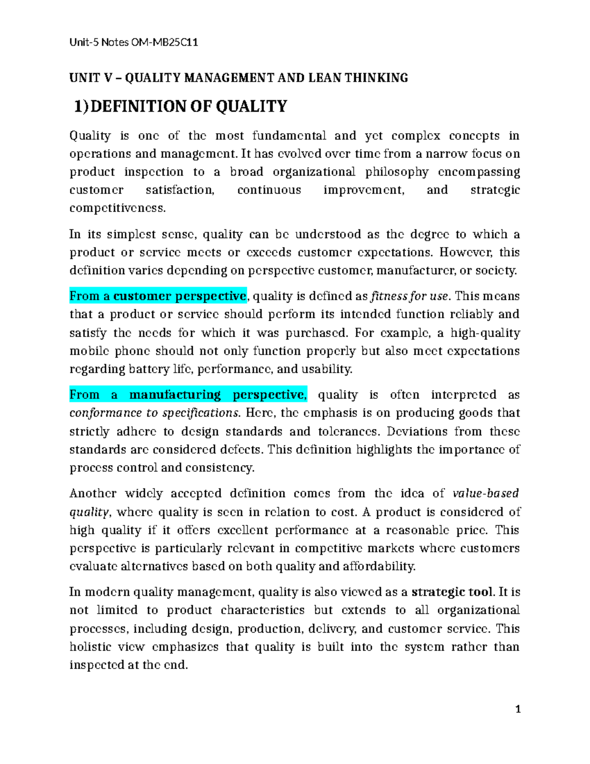 OM-UNIT-5 Notes: Quality Management & Lean Thinking Overview - Studocu