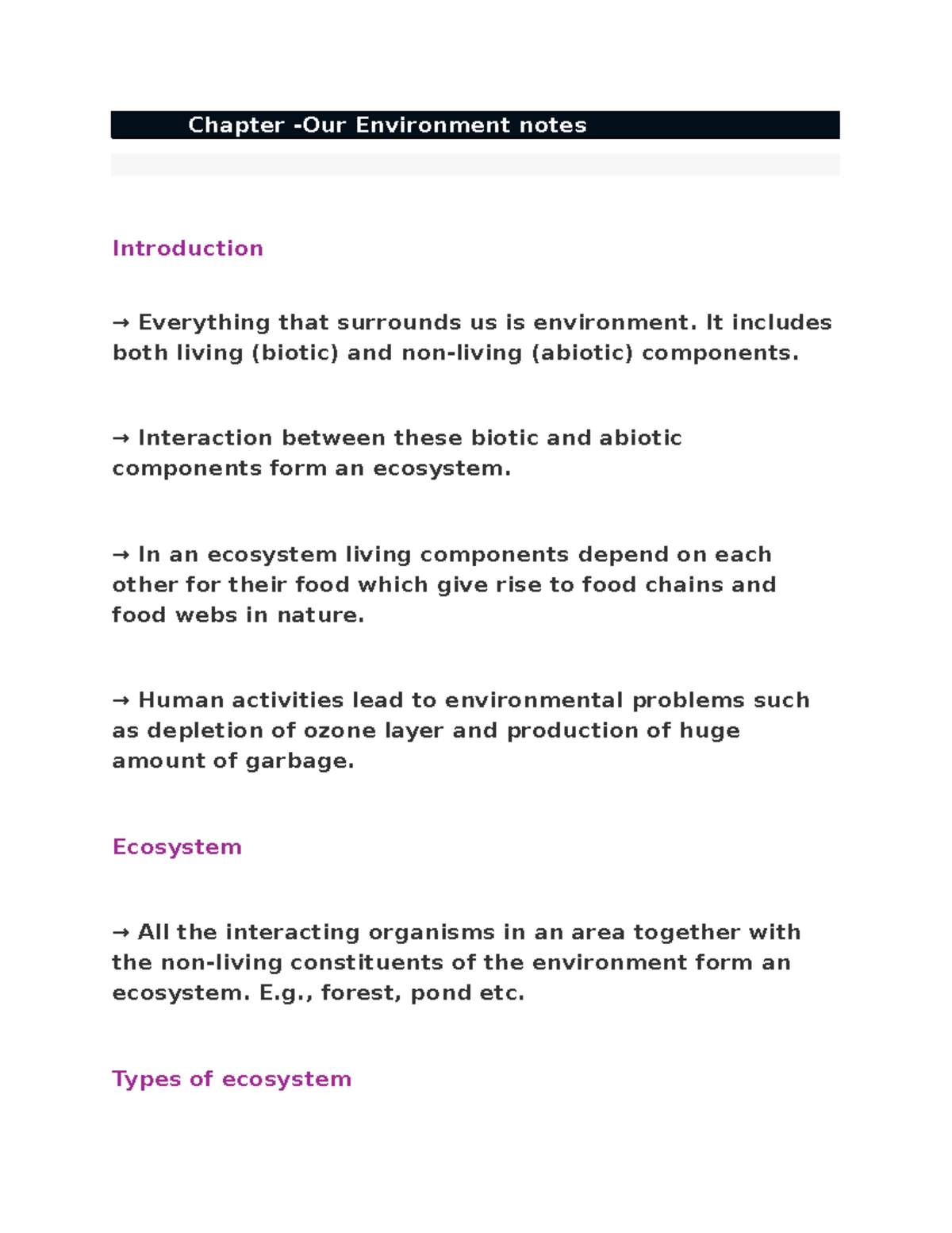 Class 10 Biology Chapter - Our Environment Notes - Studocu