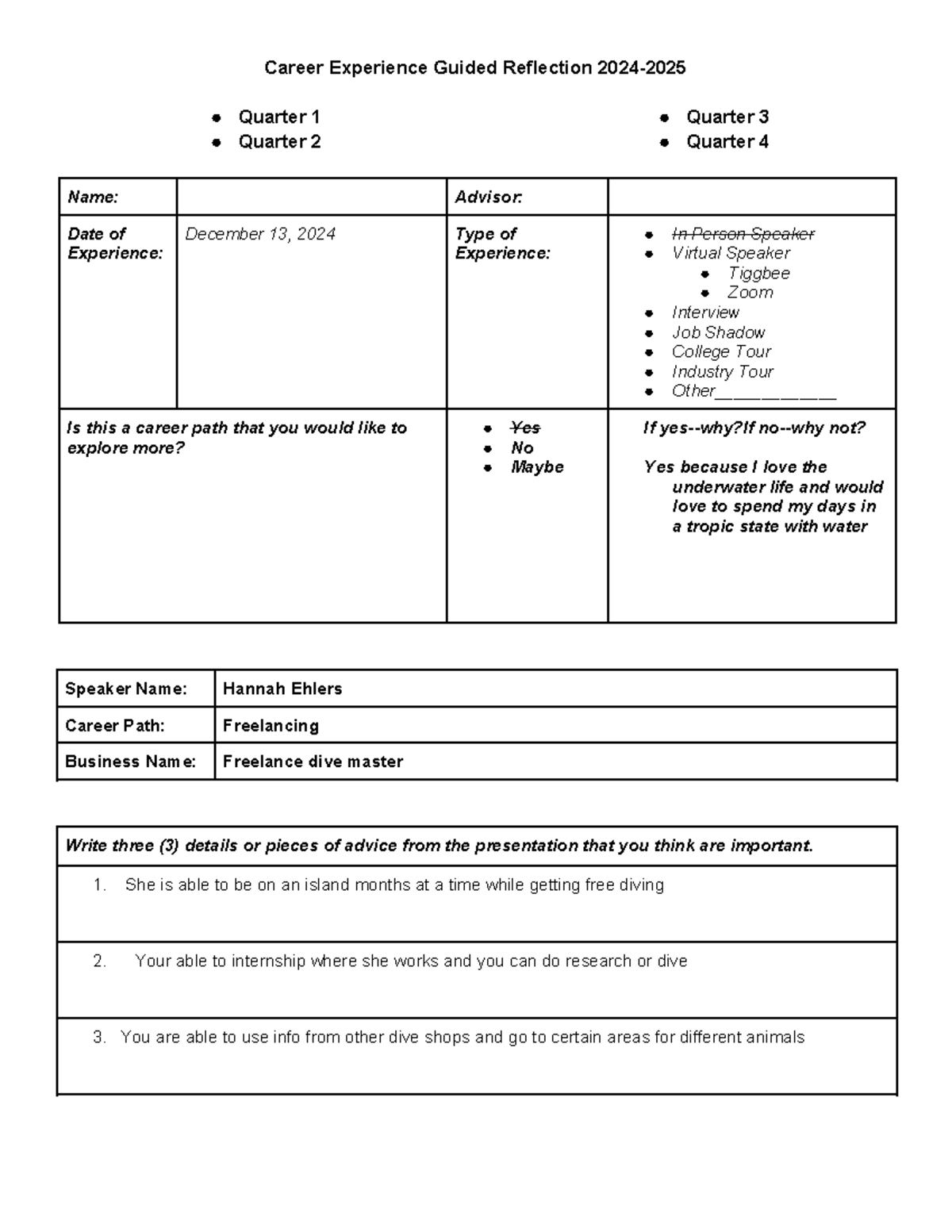 Copy of Copy of New Career Experience Guided Reflection - Career ...