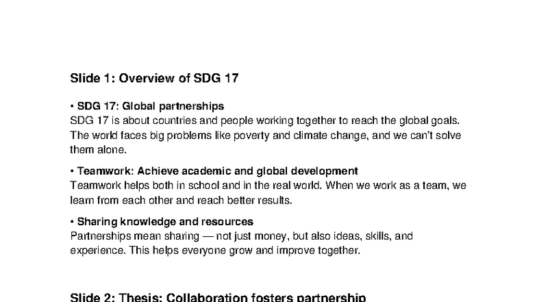 SDG17 Presentation Text - Slide 1: Overview of SDG 17 SDG 17: Global ...