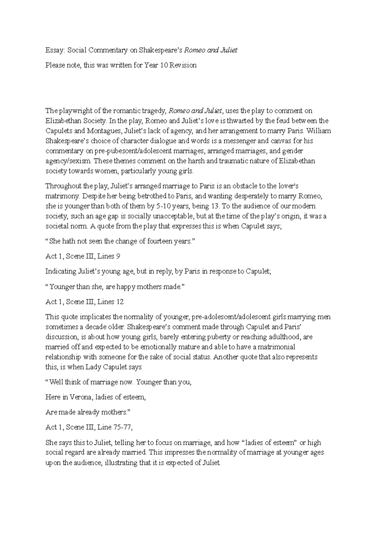 English Essay Practice: Social Commentary on R&J (Year 10) - Studocu