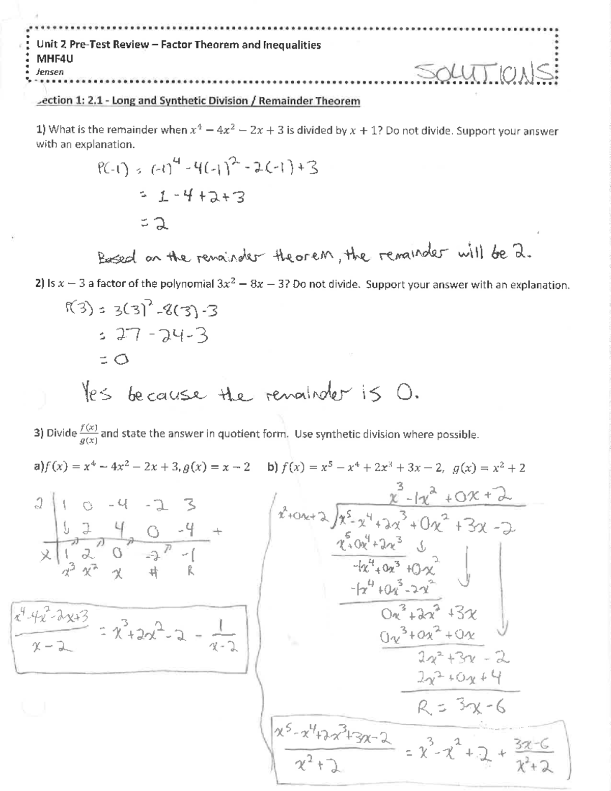 Unit 2 Review - Factor Theorem & Inequalities Solutions MHF4U - Studocu