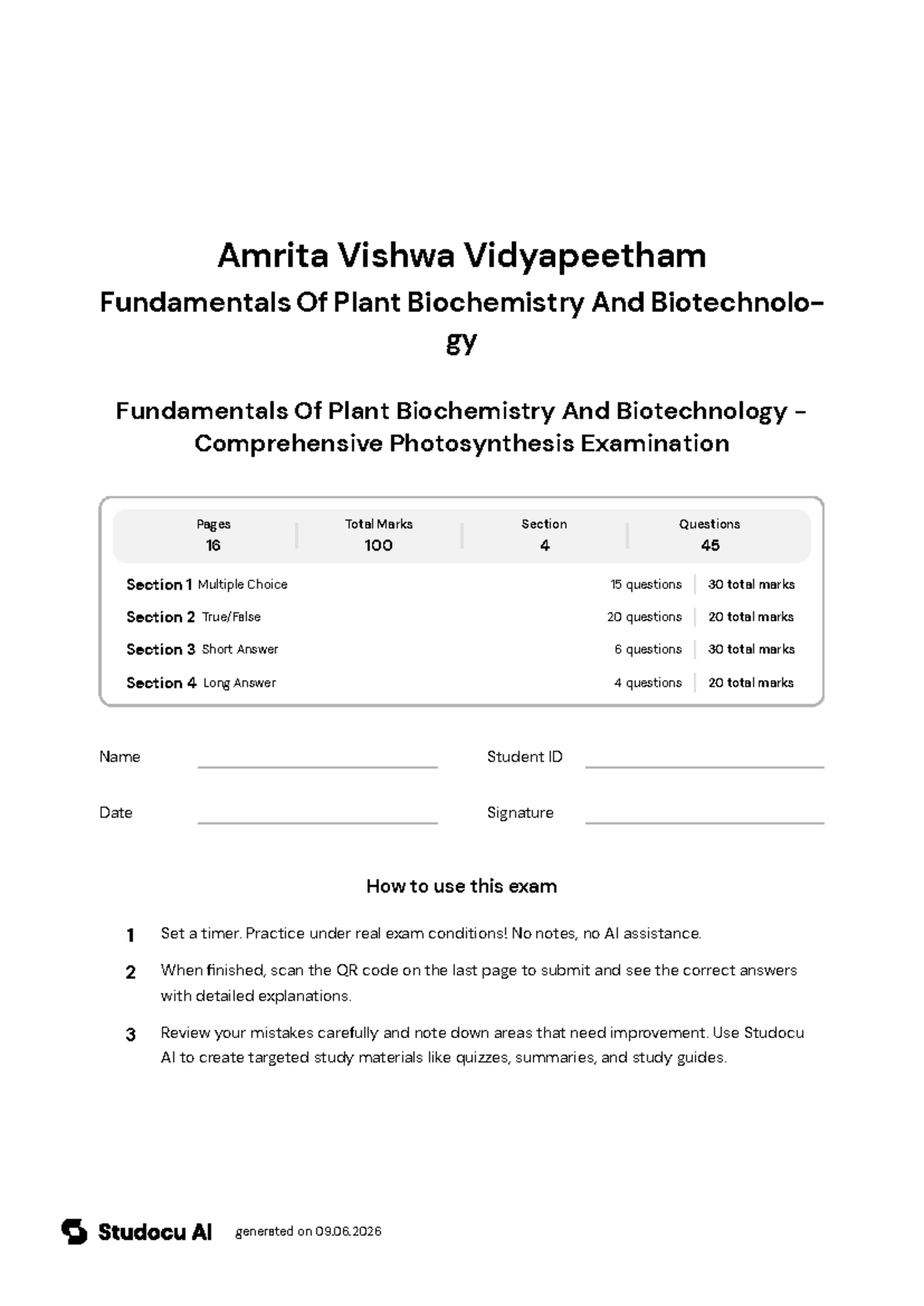 Fundamentals of Plant Biochemistry: Photosynthesis Exam - Studocu