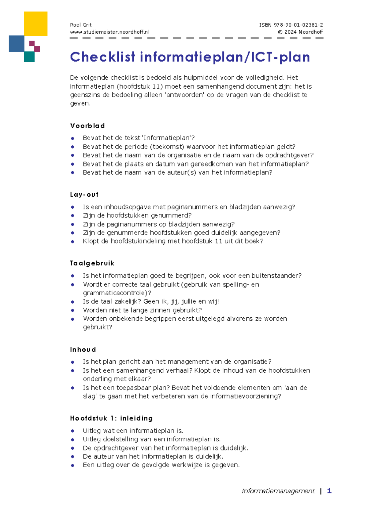 IM7 Checklist voor het Informatieplan - Roel Grit ISBN 2024 Noordhoff ...