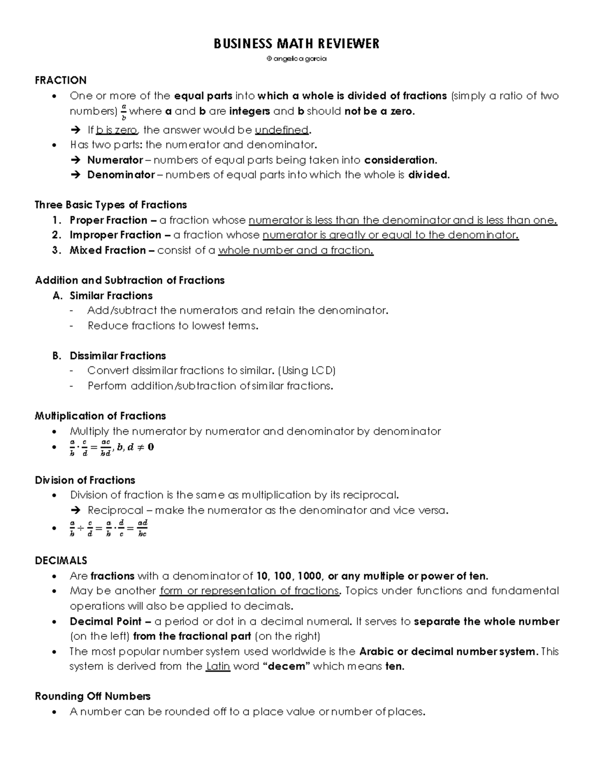 BUSINESS MATH Reviewer Notes (1ST Quarter) - Key Concepts & Operations ...