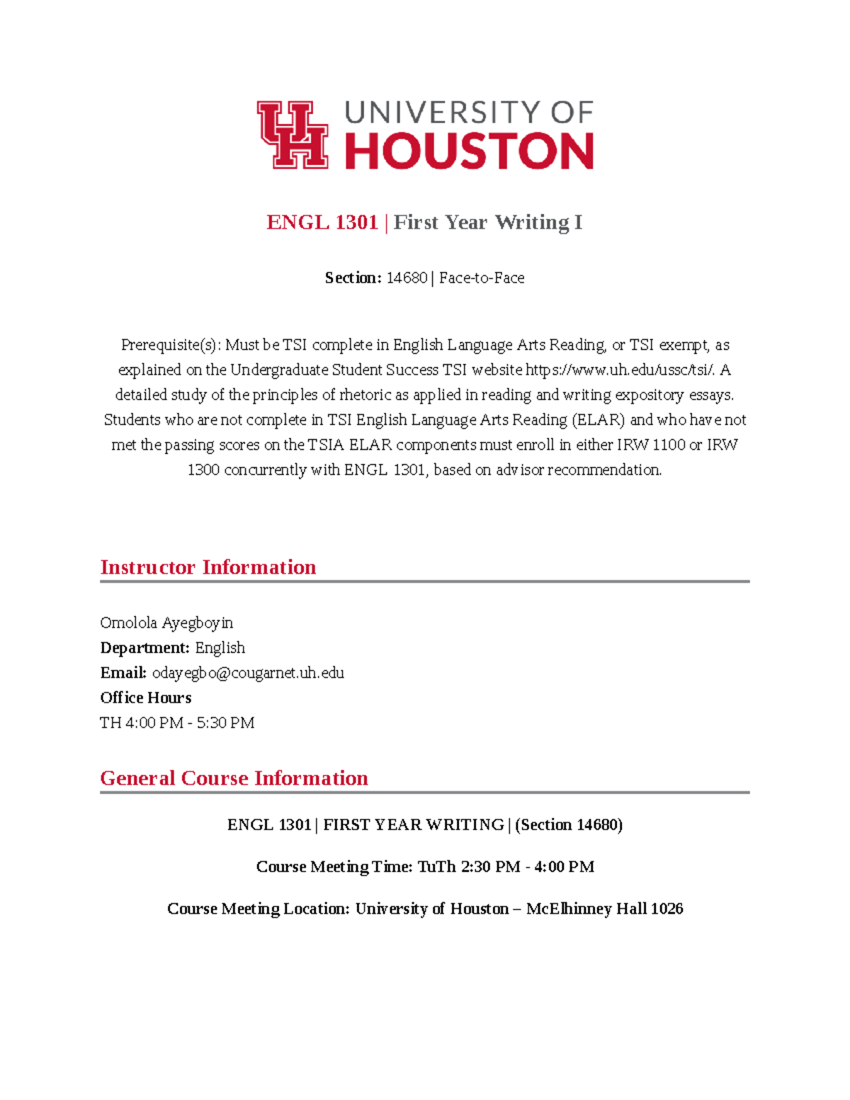 Spring 2026 ENGL 1301 14680 First Year Writing I Course Overview - Studocu