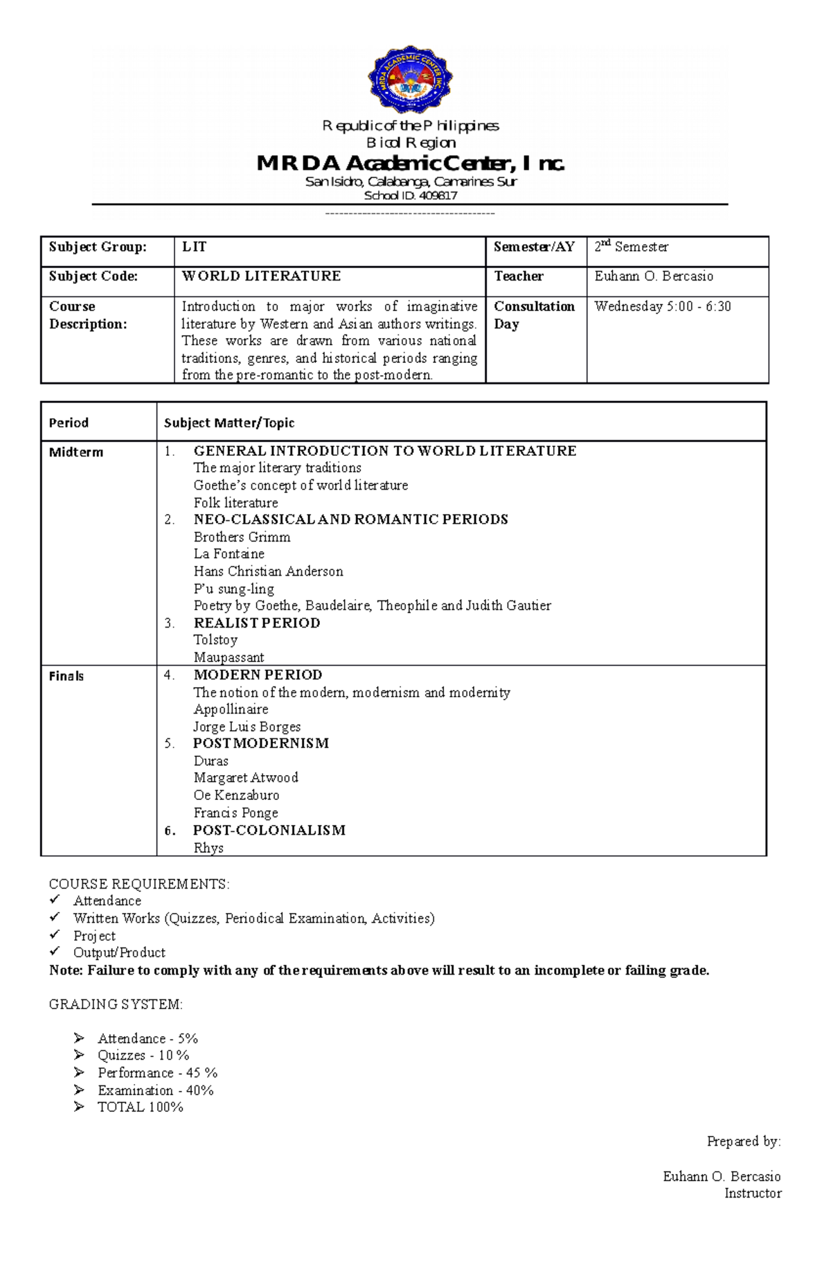 LIT 2nd Sem Course Outline: World Literature Overview and Requirements ...