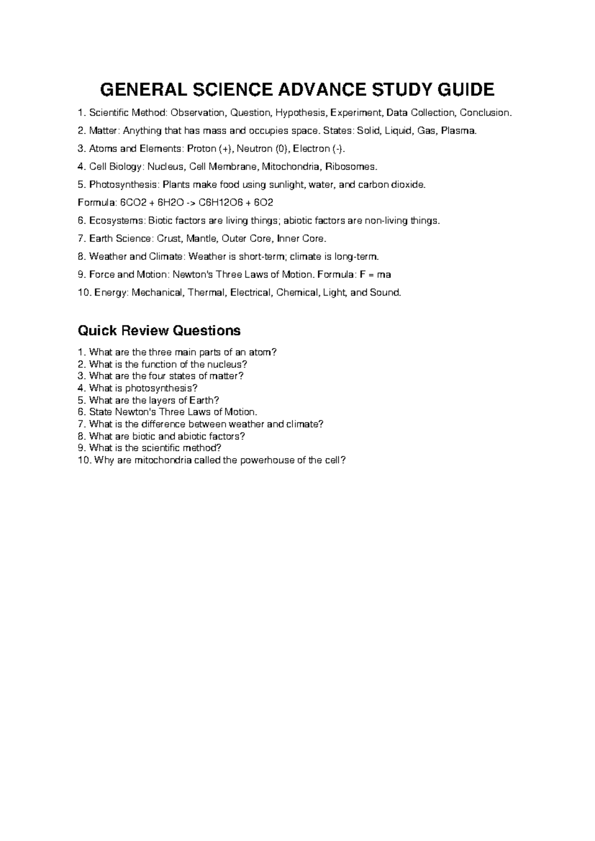 GENERAL SCIENCE ADVANCED STUDY GUIDE: Key Concepts & Review - Studocu