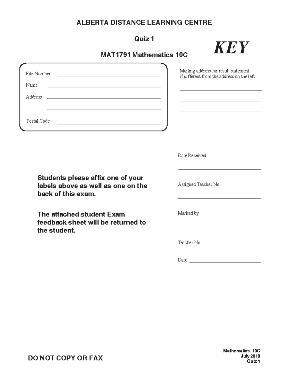 ADLC Measurement Quiz KEY - AlbertA DistAnce leArning centre Quiz 1 ...