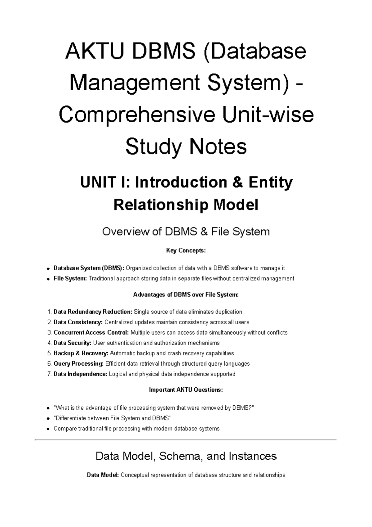 AKTU DBMS Comprehensive Study Notes: UNIT I Overview and Key Concepts ...