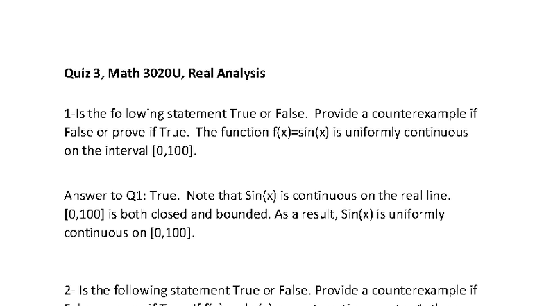 Quiz 3 Notes, Math 3020U, Real Analysis Concepts - Studocu