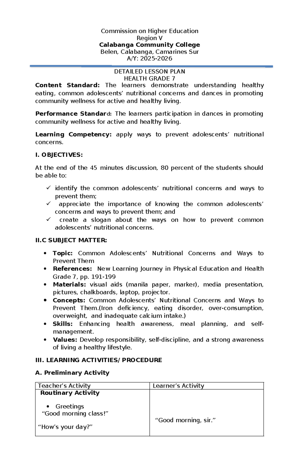 Detailed Lesson Plan on Common Nutritional Concerns for Grade 7 (Health ...