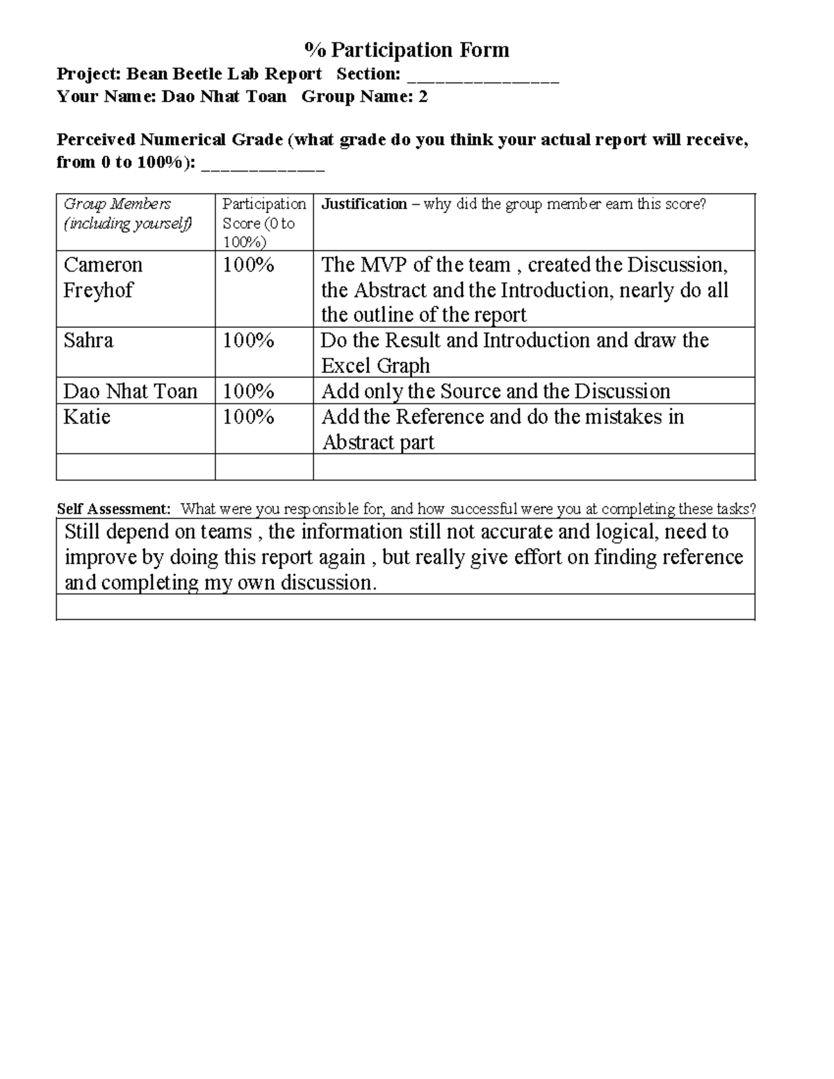 Participation Form: Bean Beetle Lab Report - Group 2 Evaluation - Studocu