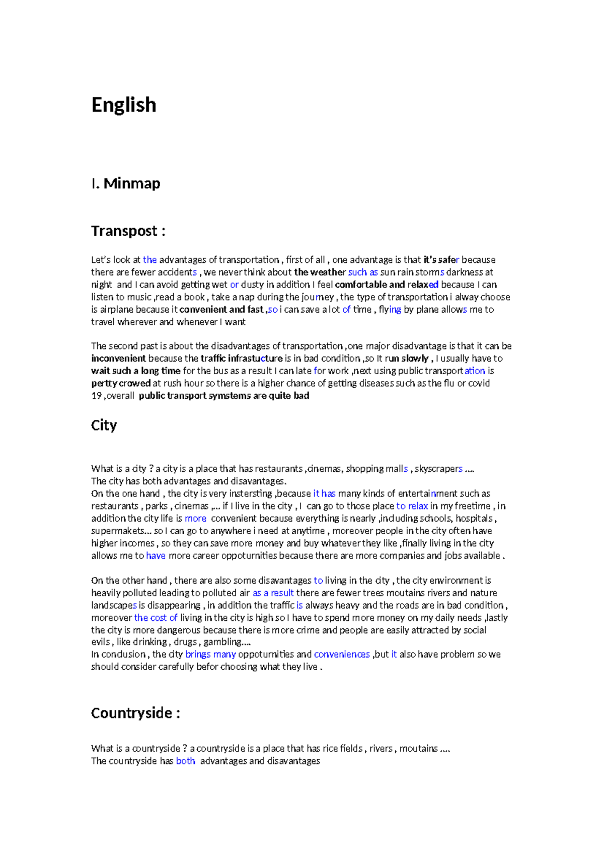 English I: Minmap on Transportation, City vs. Countryside, and Hobbies ...