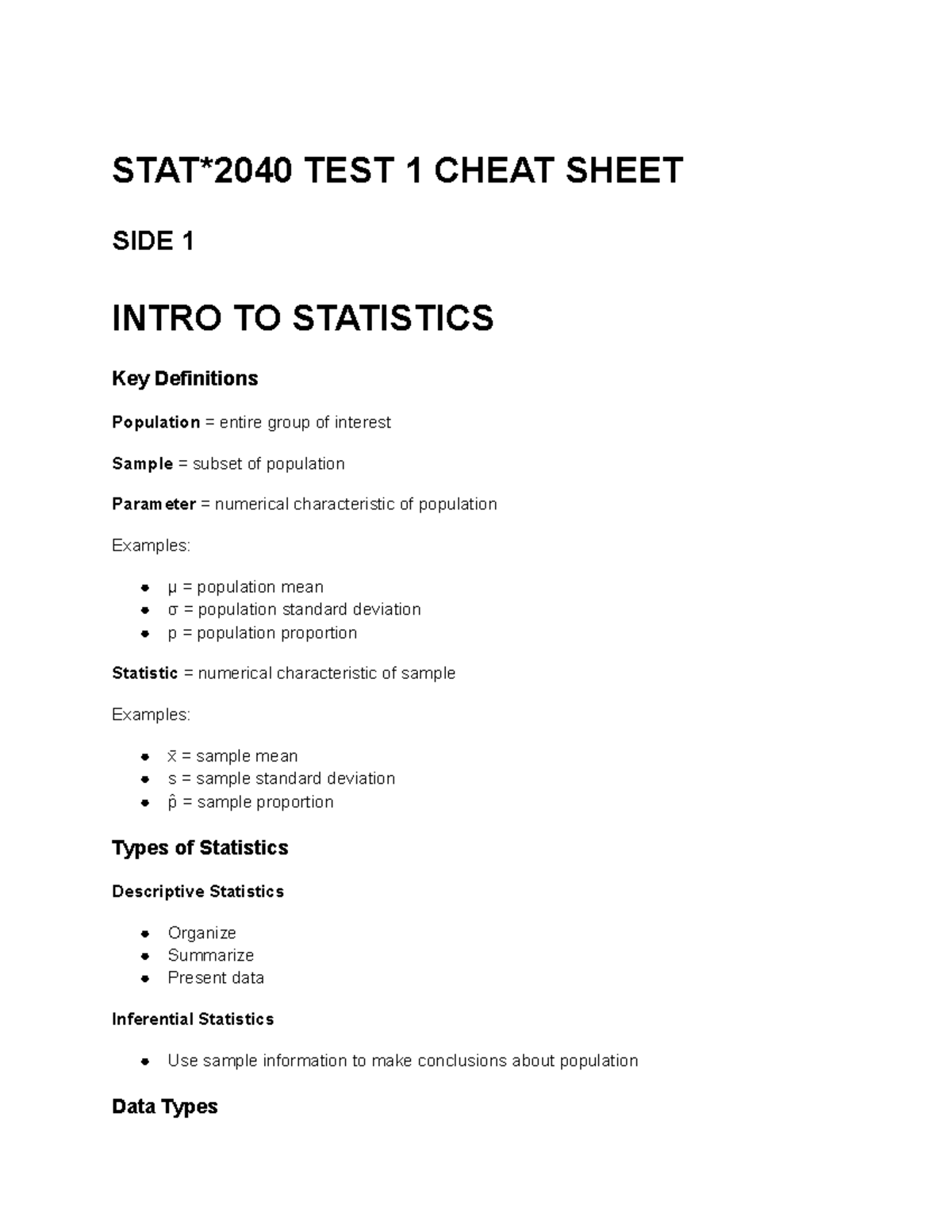 STAT 2040 TEST 1 Cheat Sheet: Key Concepts in Intro to Statistics - Studocu