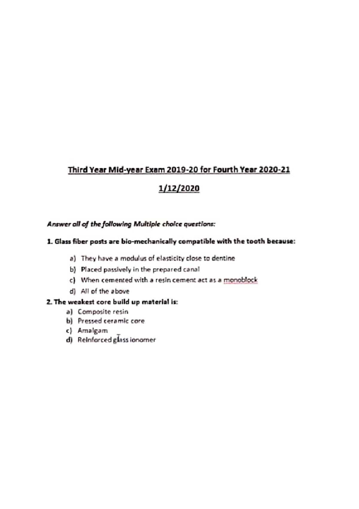 Crown Mid-Year Exam 2020: Multiple Choice Questions - Studocu