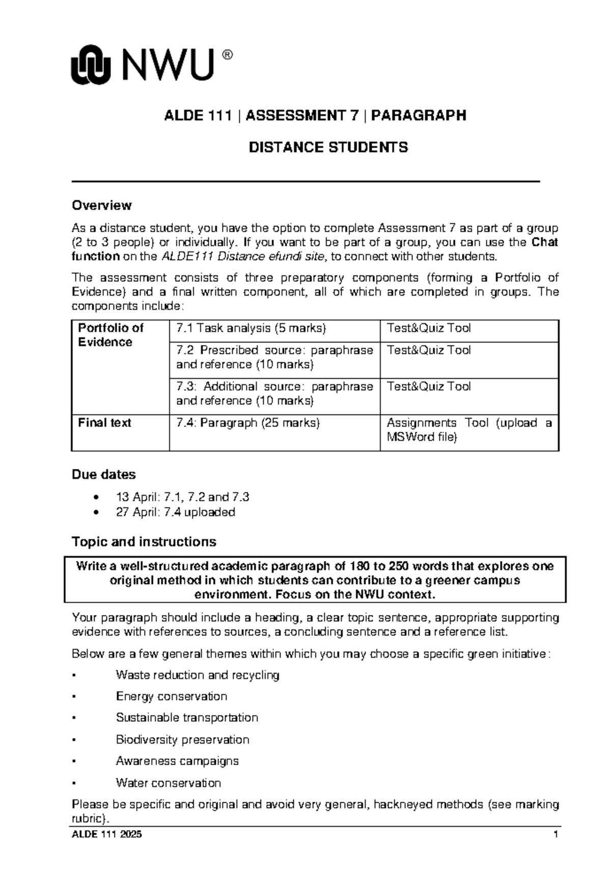 ALDE 111 Assessment 7: Green Initiatives for Sustainable Campus ...