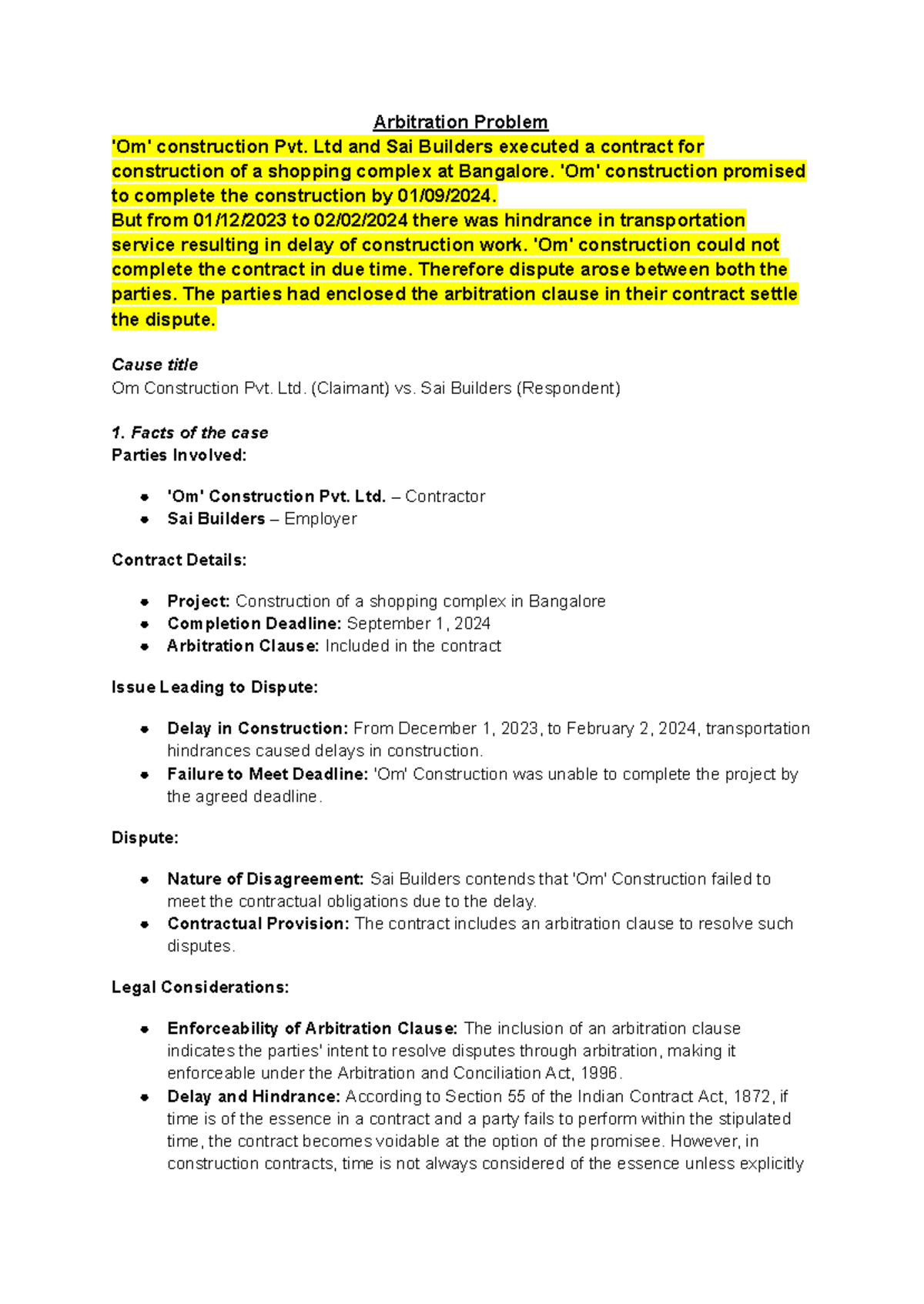 Arbitration Case Study: Om Construction Pvt. Ltd. vs. Sai Builders ...