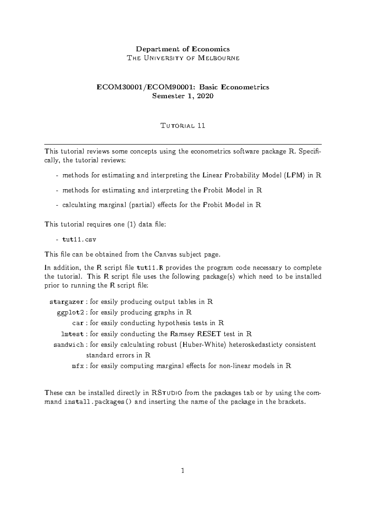 Tut11 - Tutorial questions for week 11 - Department of Economics The ...