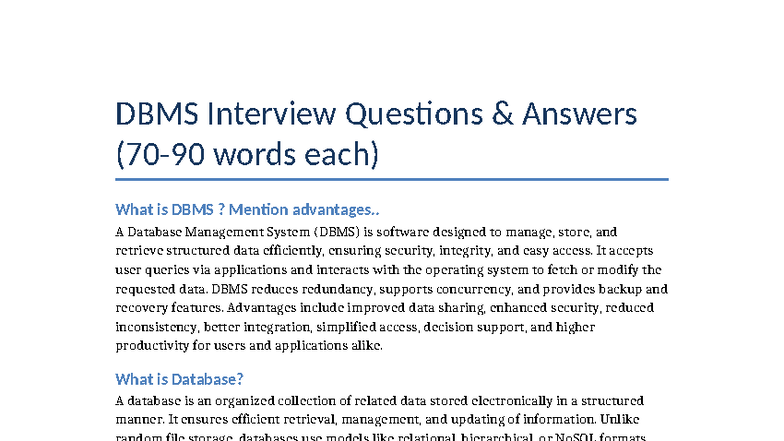 DBMS Interview Questions & Answers: Key Concepts Explained - Studocu