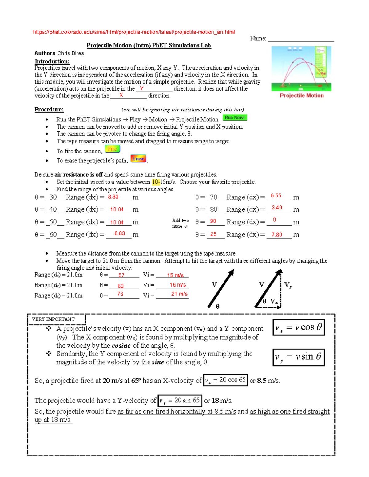 Projectile Motion Lab: Unit 1 Exploration of PhET Simulations - Studocu