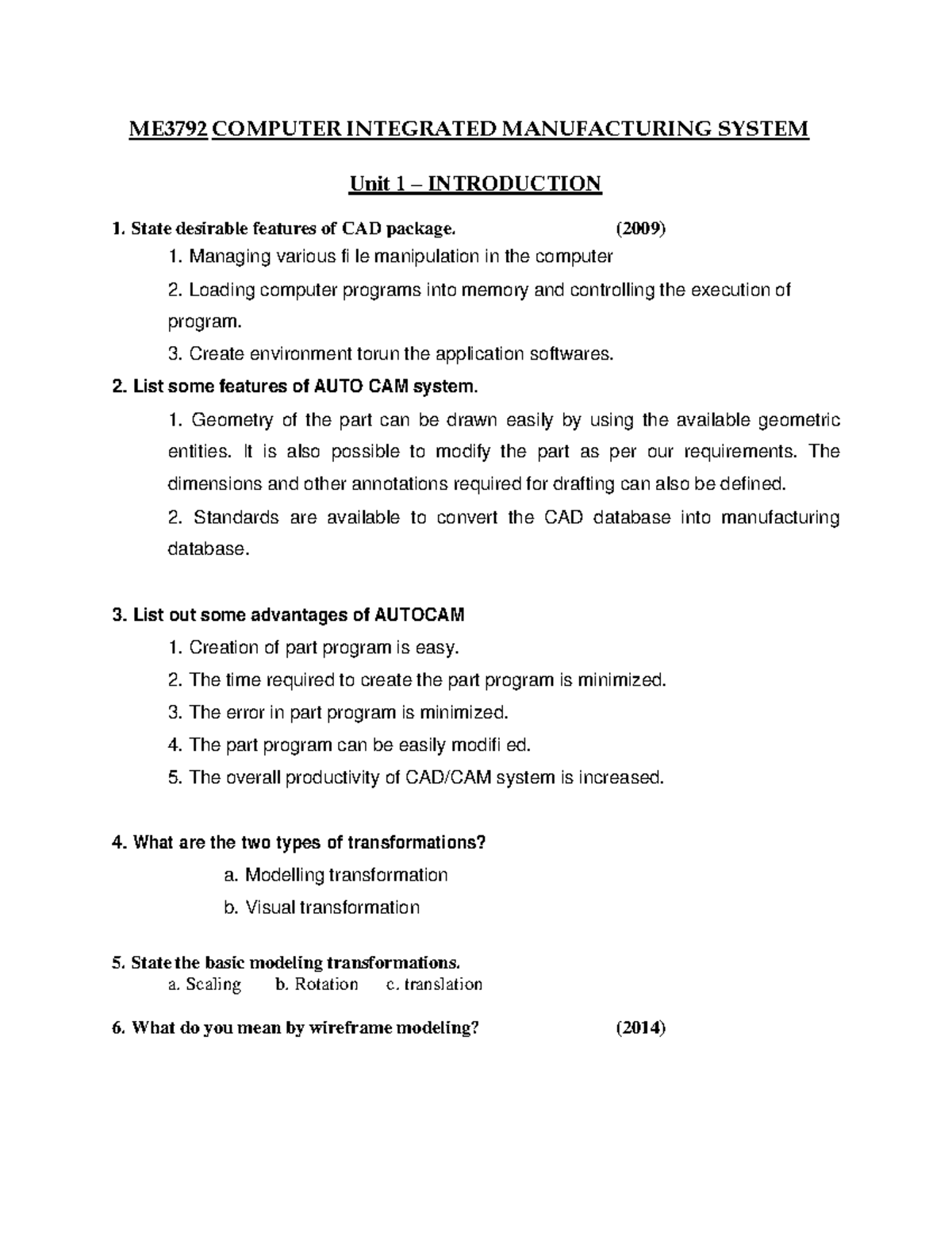 **ME3792 CIM - QB - Comprehensive Question Bank for Manufacturing ...