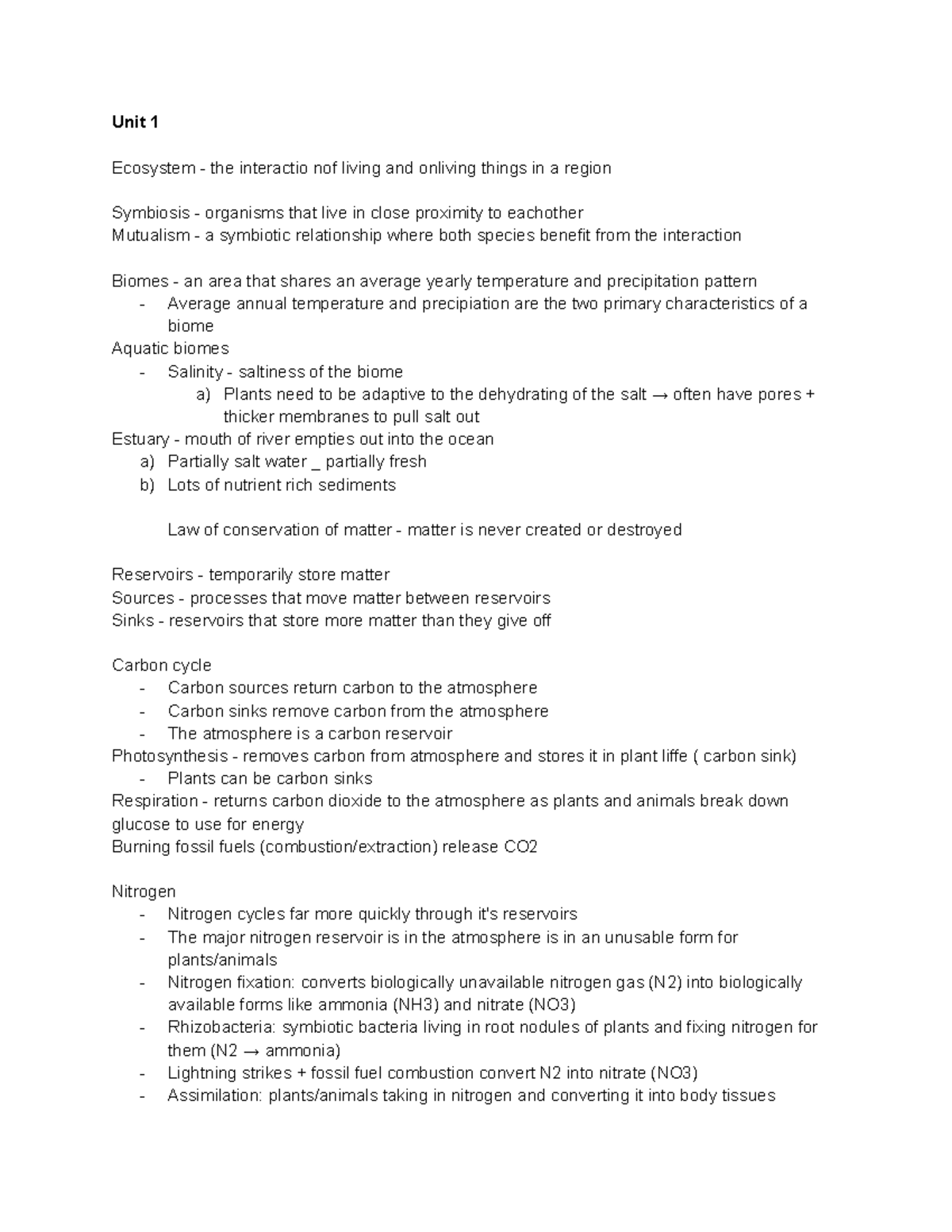 APES 101: Unit 1 Ecosystems and Biomes Overview Notes - Studocu