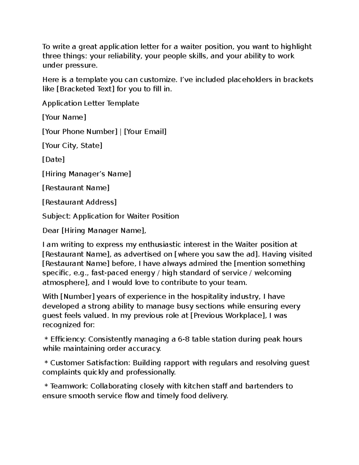 Yooh - Assignment: Application Letter Template for Waiter Position ...