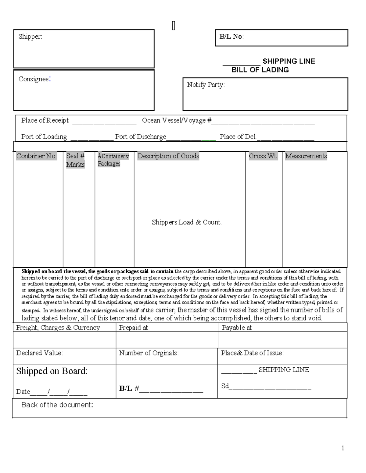 BOL - Shipping Line Bill of Lading Details and Terms - Studocu