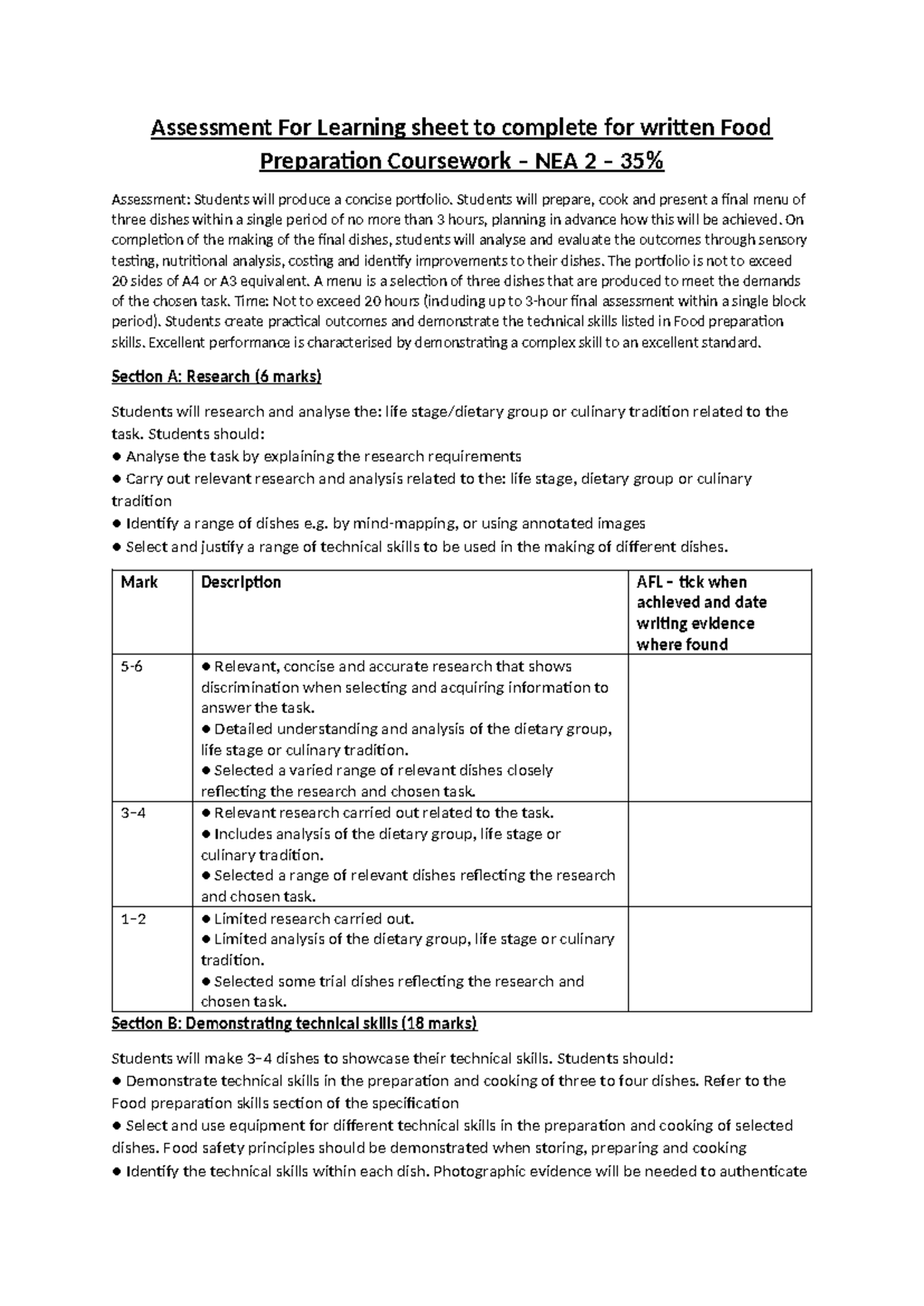 Food Preparation and Nutrition NEA 2: Assessment for Learning Guide ...