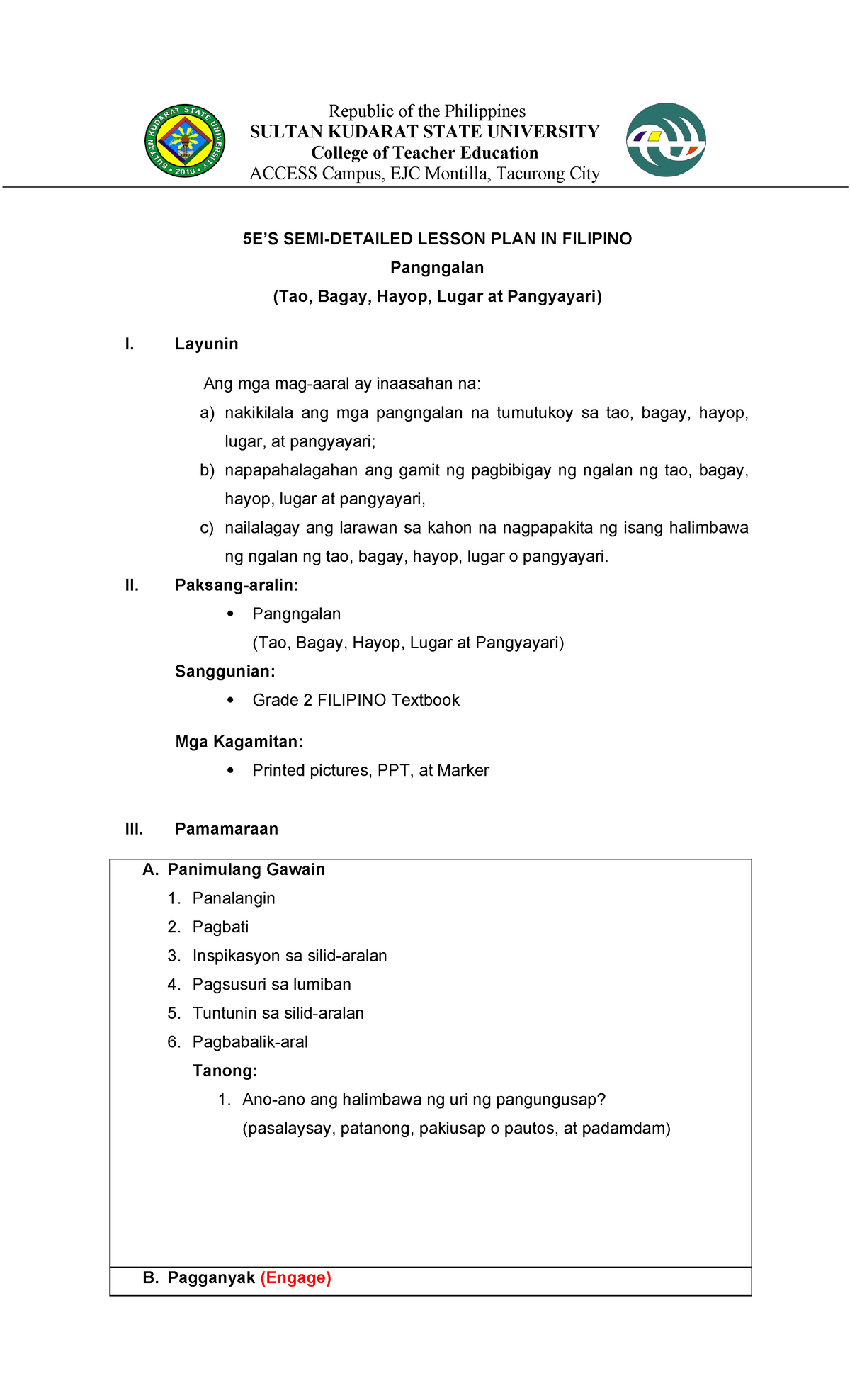 5E’s Semi-Detailed Lesson Plan on Pangngalan (Filipino 2) - Studocu