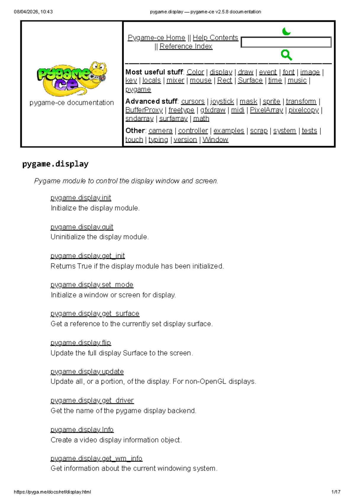 Pygame.display Module Overview - Documentation v2.5.8 - Studocu