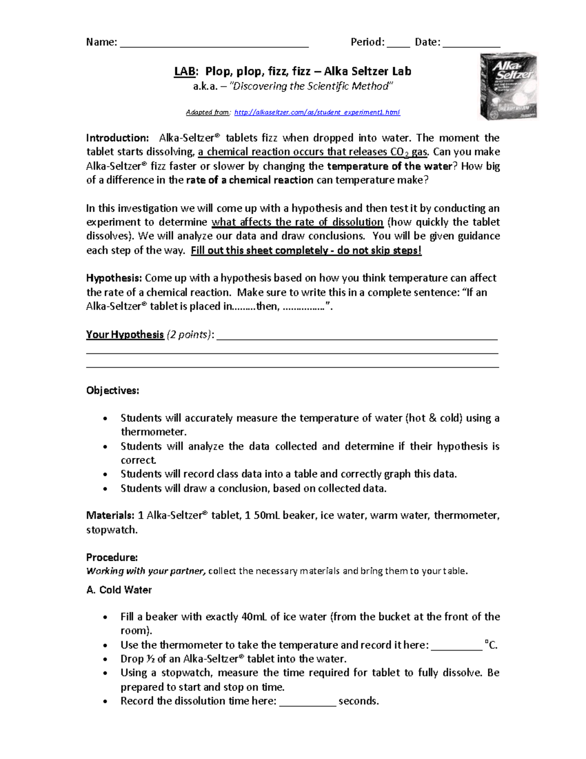 Alka-Seltzer Lab: Investigating Chemical Reactions and Temperature ...