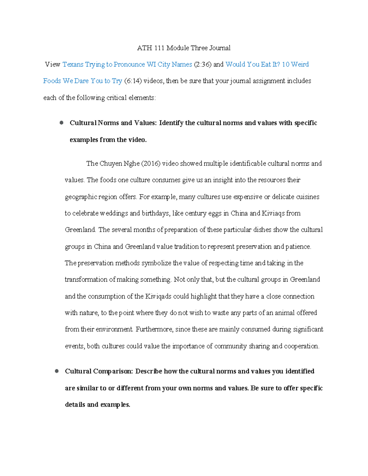 ATH 111 Module 3 Journal: Exploring Cultural Norms & Values - Studocu