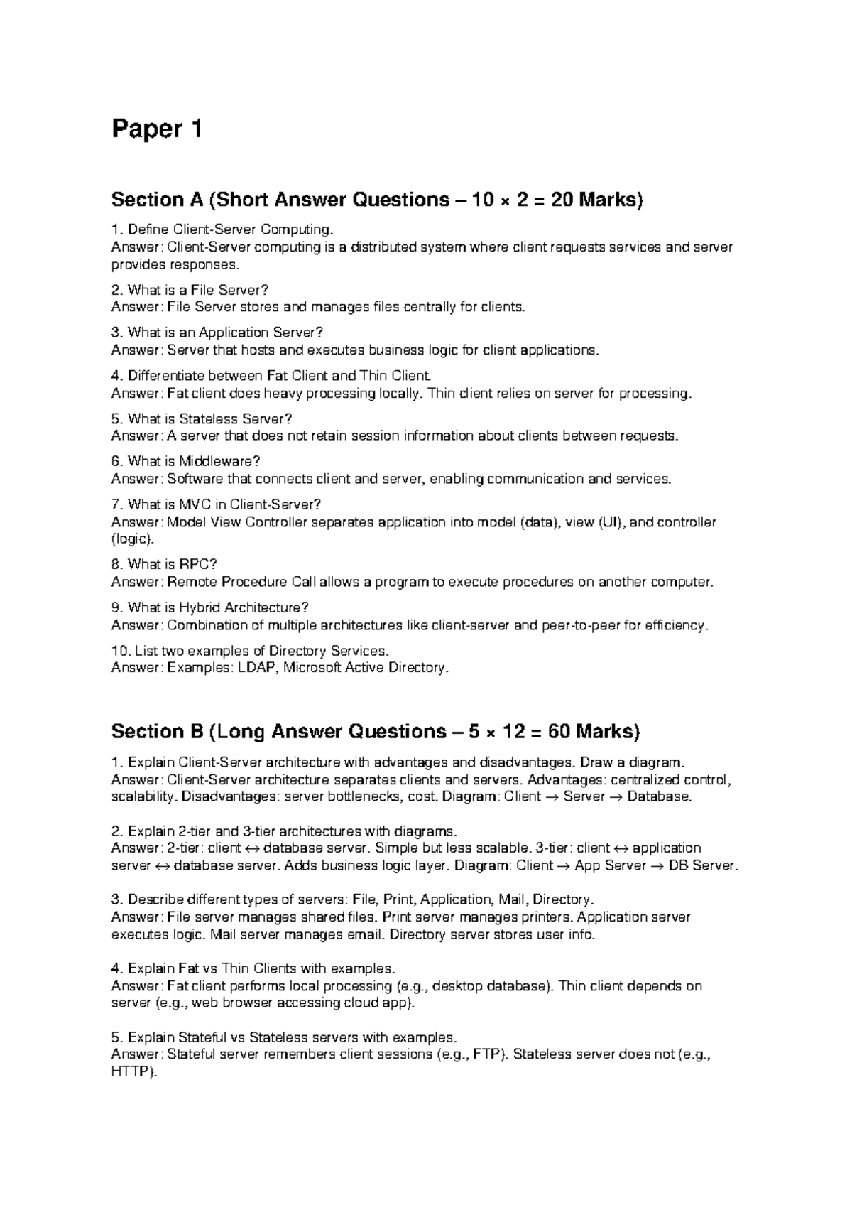 JNVU BCA Client Server 5 Papers: Short & Long Answer Solutions - Studocu
