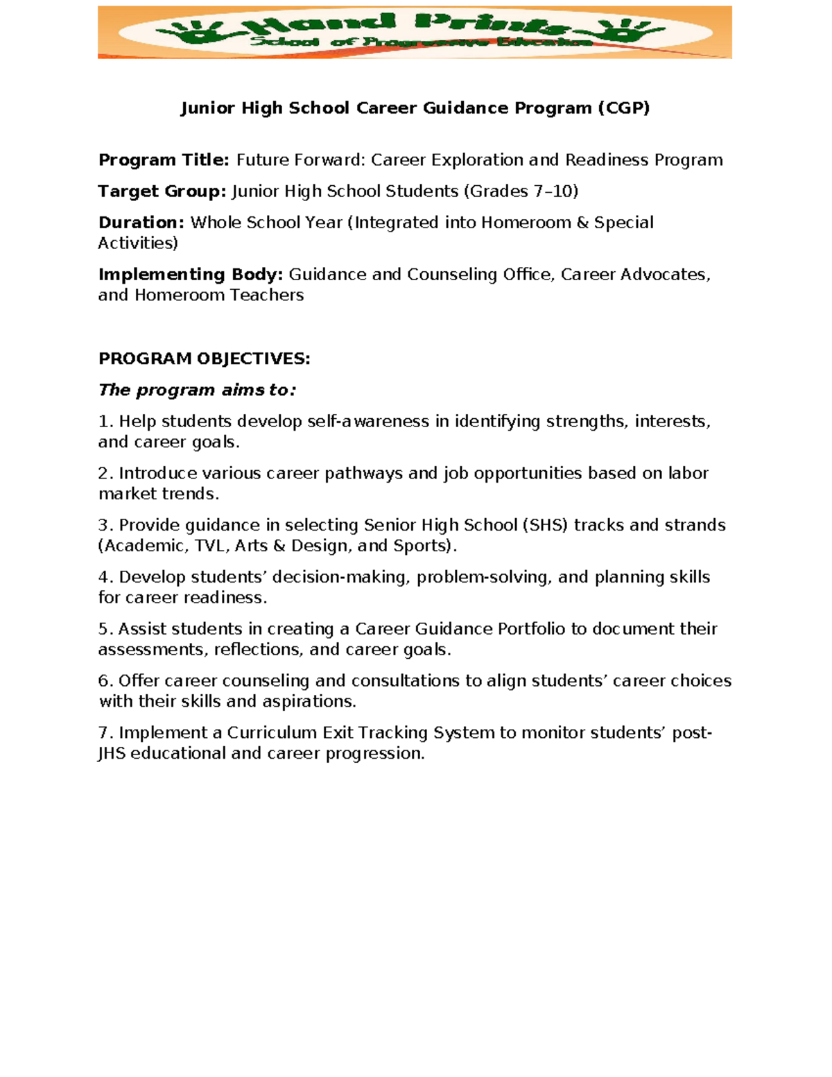 Junior High School Career Guidance Program (CGP): Future Forward ...