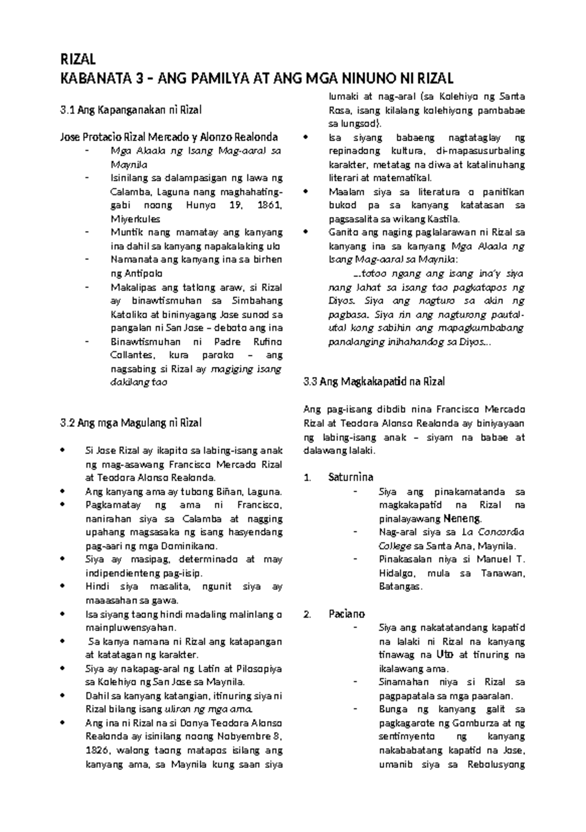 RIZAL LIFE AND WORKS (KABANATA 3): PAMILYA AT MGA NINUNO NI RIZAL - Studocu